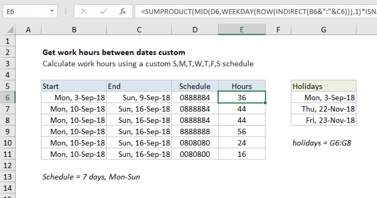 Get Work Hours Between Dates Custom Schedule Excel Formula Exceljet